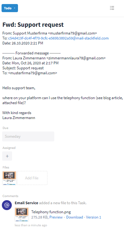 Activating and applying the email integration in Stackfield